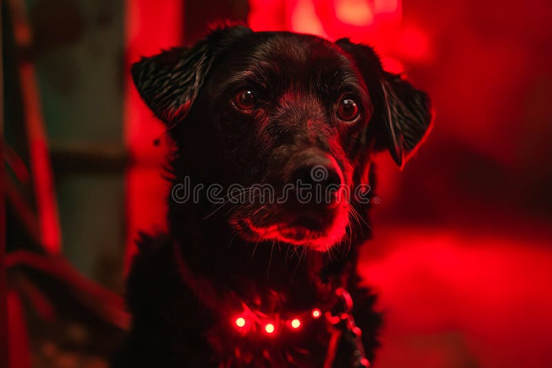 A Black Dog with a Red Light on Its Collar. Generative AI Stock Photo ...