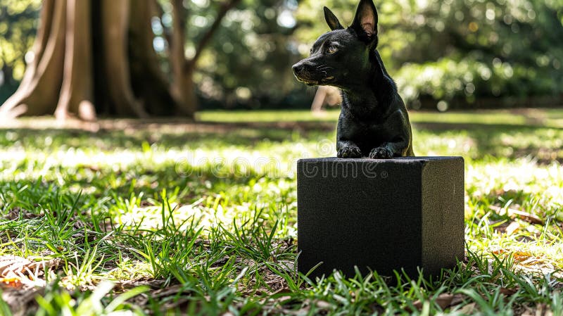 Black Dog Sitting on a Cube in a Park on a Sunny Day Stock Illustration ...