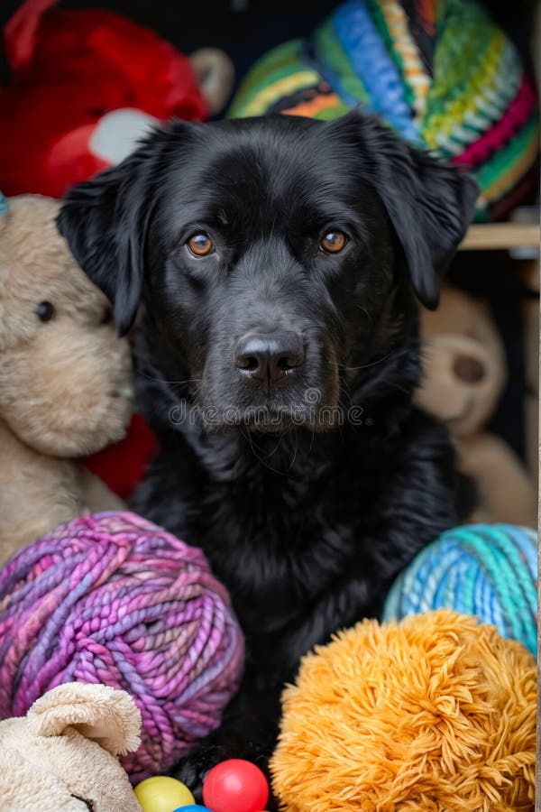 A Black Dog Sitting in a Box Filled with Stuffed Animals. Generative AI ...