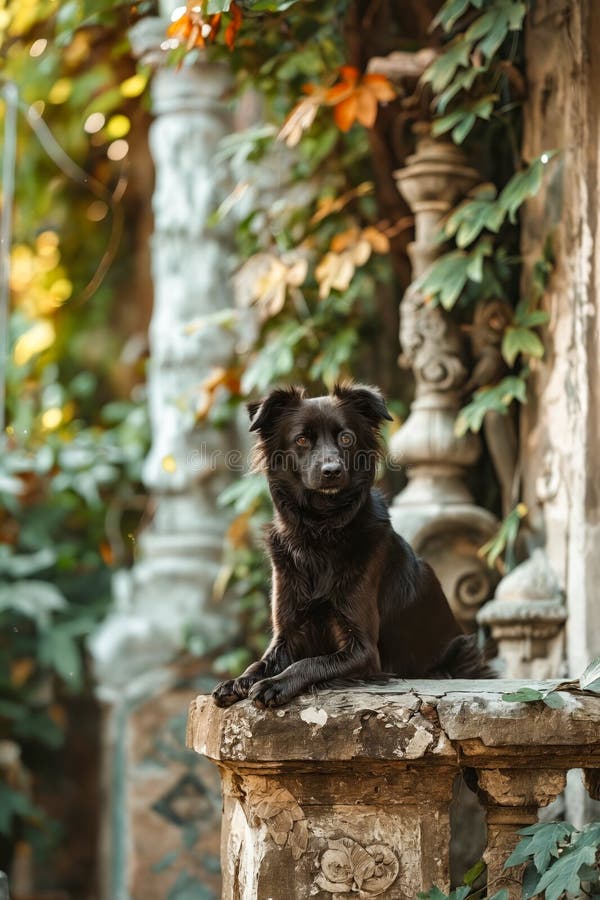 A Black Dog Sitting on a Stone Ledge in an Old Building. Generative AI ...
