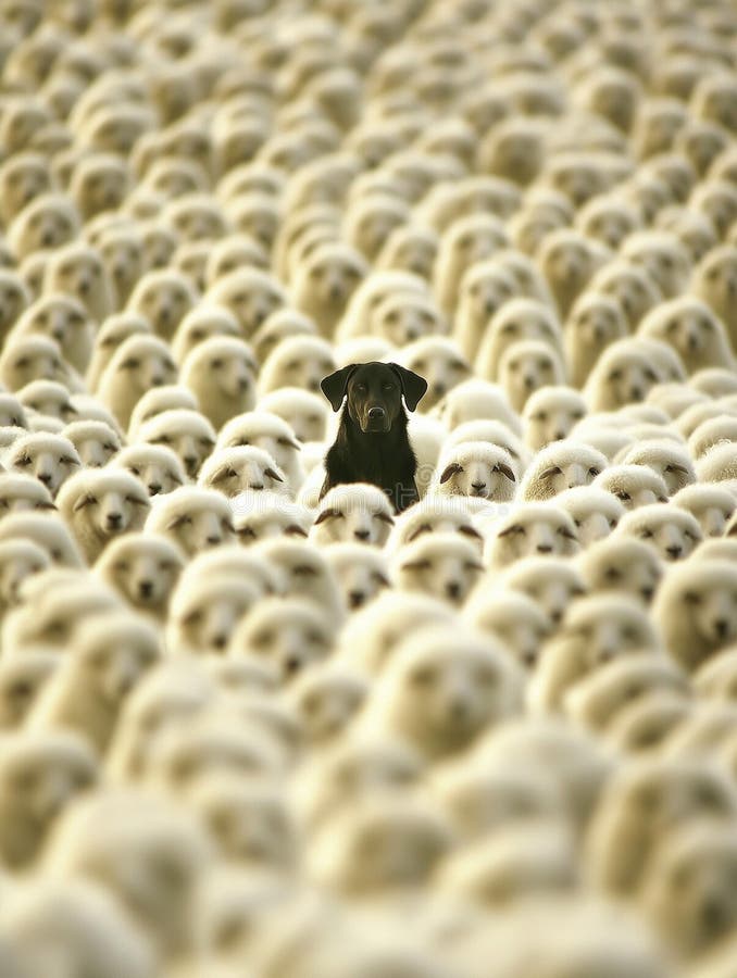 A Black Dog Standing Out among a Massive Flock of White Sheep ...