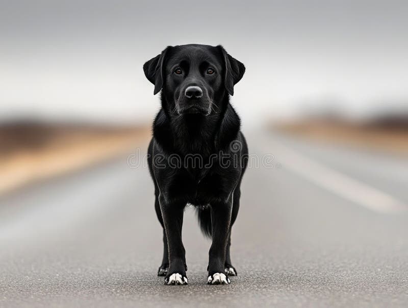 A Black Dog Standing on the Side of a Road Stock Image - Image of cars ...