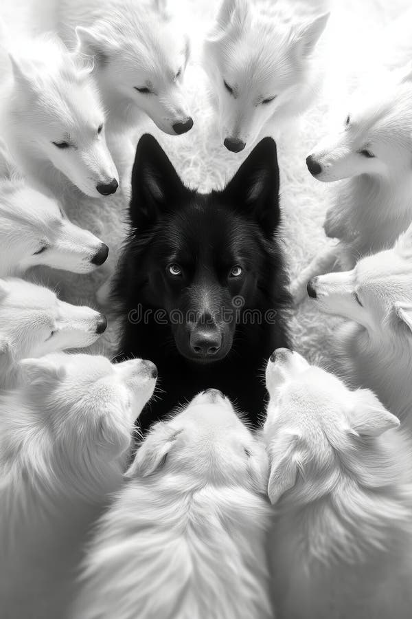 Black Dog Surrounded by White Arctic Wolves Stock Illustration ...