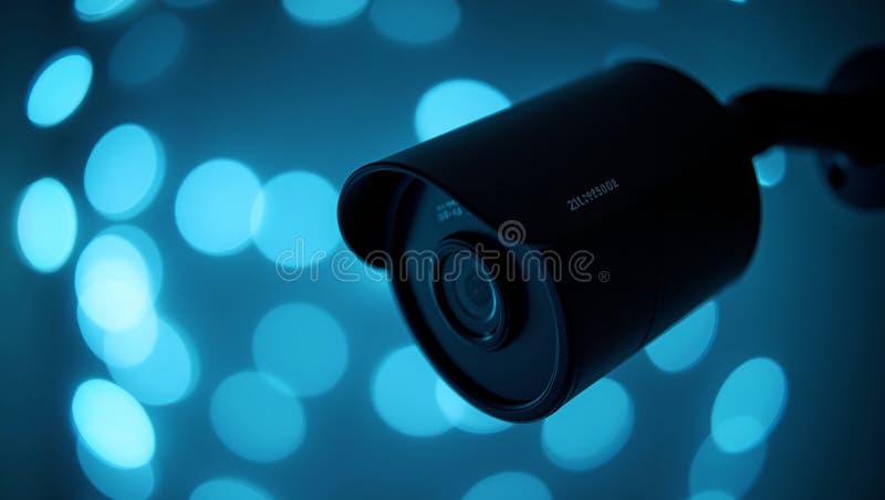 Black Dome CCTV Camera Against Blue Bokeh Background High Tech ...