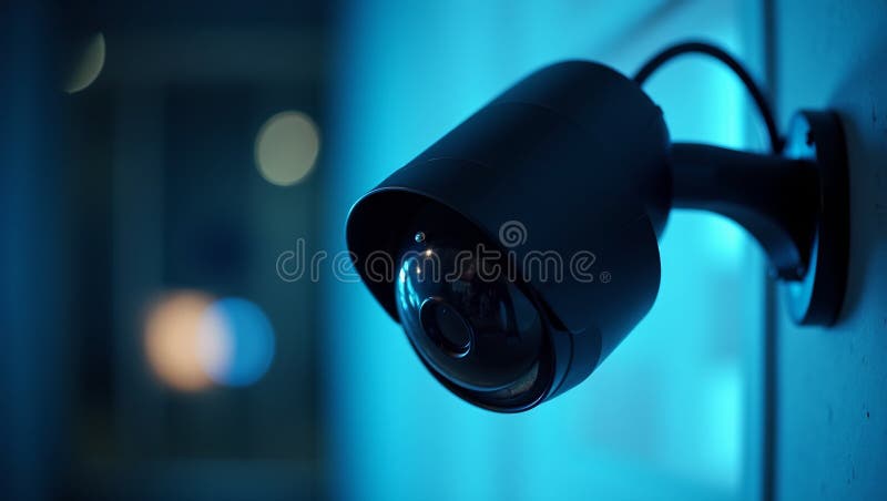 Black Dome CCTV Camera Against Blue Bokeh Background High Tech ...