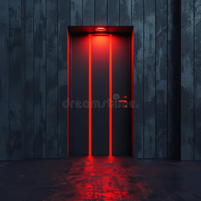 Black Door Illuminating Dark Room with Red Light Stock Illustration ...