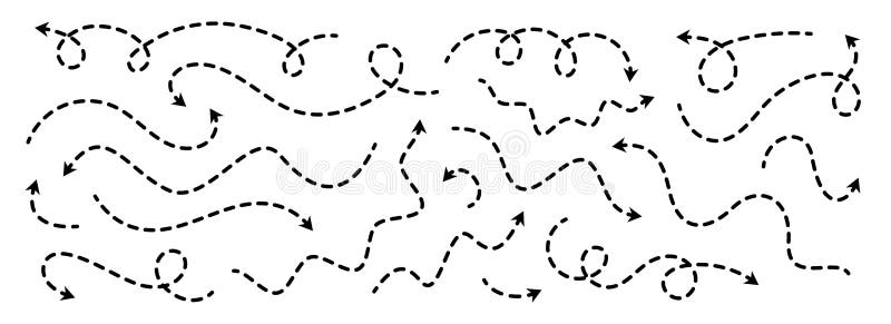 Black Dotted Thin Arrows Set. Wavy and Curved Dashed Pointers ...