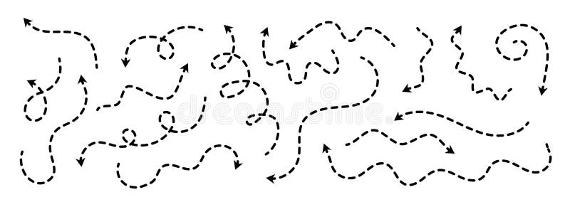 Black Dotted Thin Arrows Set. Wavy and Curved Dashed Pointers ...