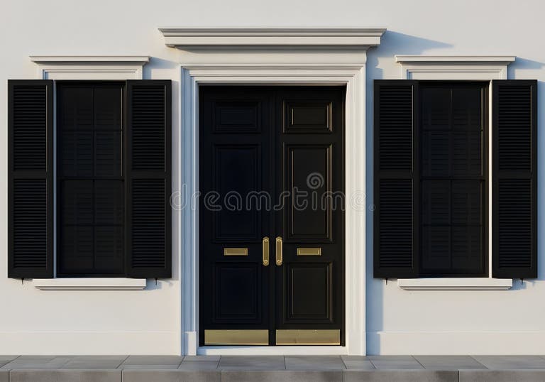 Black Double Front Doors with Gold Handles and Matching Shutters Stock ...