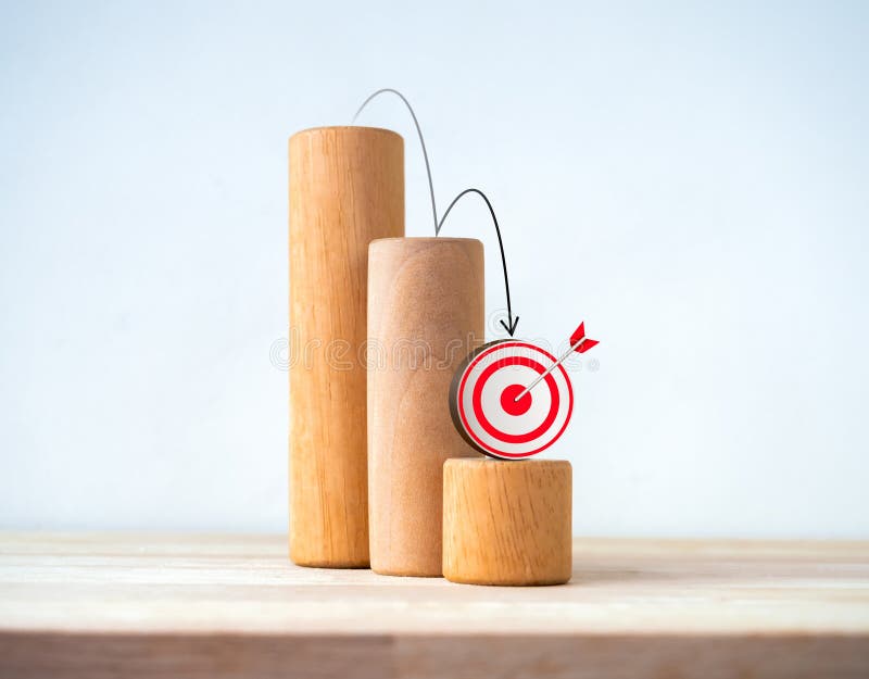Black Down Arrows Jumping Down on 3d Target Icon on Wood Blocks ...
