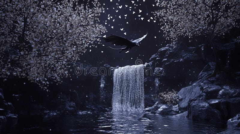 Black Dragon Fantasy Waterfall Night Scene Digital Art Dark Blue Dark ...