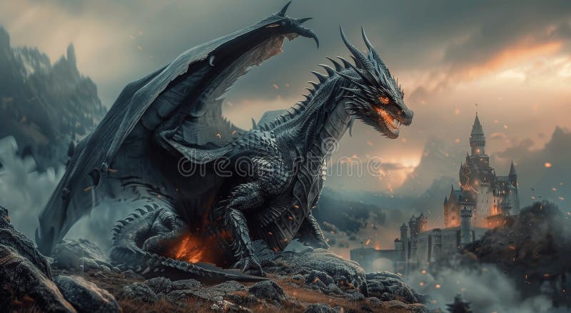 Black Dragon with Fire on Rocks of Ancient Castle, Dark Fantasy, High ...