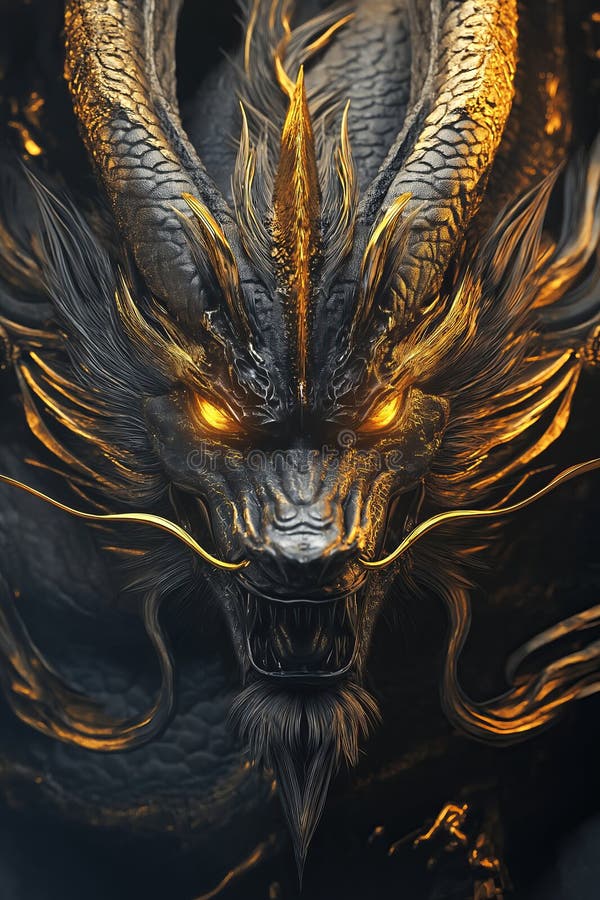 Black Dragon with Gold Elements, Luxurious Fantasy Character Stock ...
