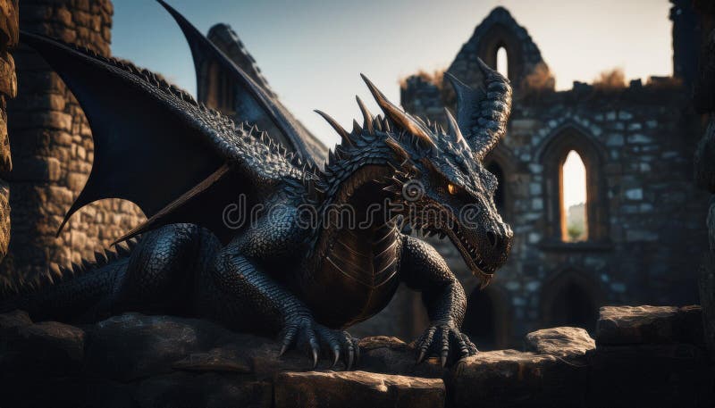 A Black Dragon is Laying on a Stone Wall Stock Illustration ...