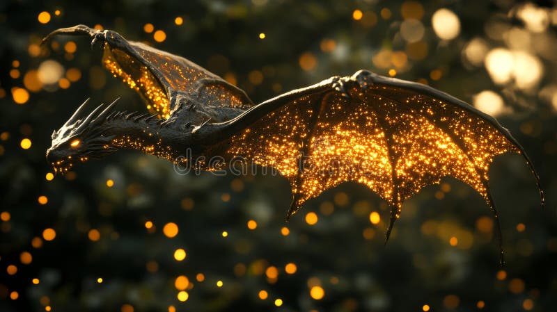 Black Dragon Soaring through Night Sky with Golden Sparkles Stock ...