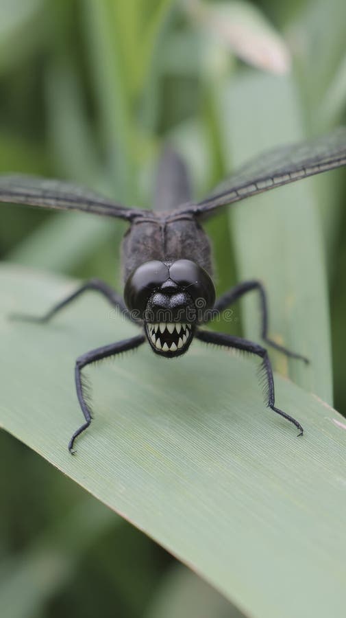 Black Dragonfly with Striking Teeth on Blade of Grass Stock ...