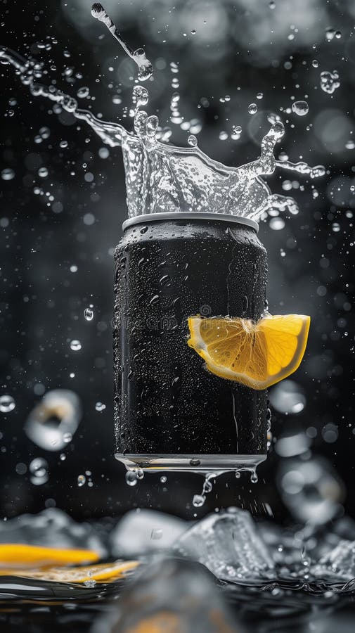 Black Drink Can with Liquid Splashes and Lemons Slices on Dark ...