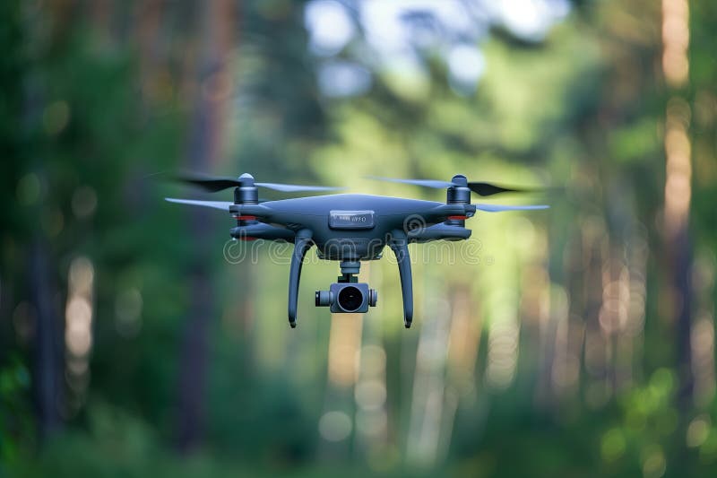 Black Drone with a Camera Attached Flies in the Air Against a Backdrop ...