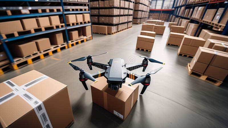 A Black Drone for Delivery in a Modern Warehouse with Cardboard Boxes ...