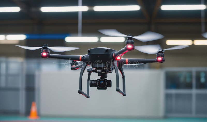 A Black Drone with Red Lights Hovers in an Indoor Space Stock Photo ...