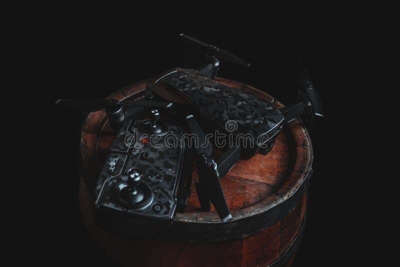 Black Drone on a Wine Barrel in the Dark Room Stock Image - Image of ...