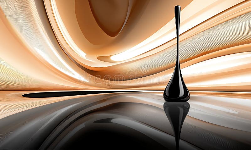 Black Droplet Sculpture in a Gold Abstract Interior Space with ...