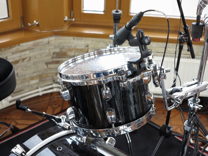 Black Drum Kit, Cables and Microphones Closeup Stock Photo - Image of ...