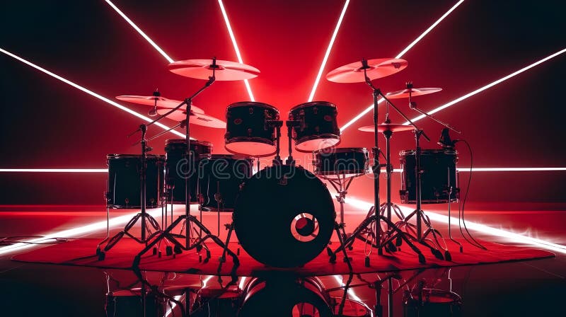 Black Drum Set Under Red Neon Lights Music Studio Setup Stock Illustration - Illustration of ...