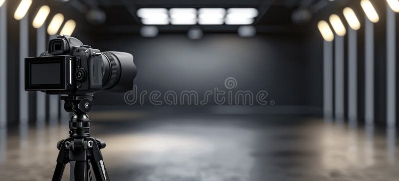 A Black DSLR Camera on a Tripod is Set Up in a Dark Studio with Glowing ...