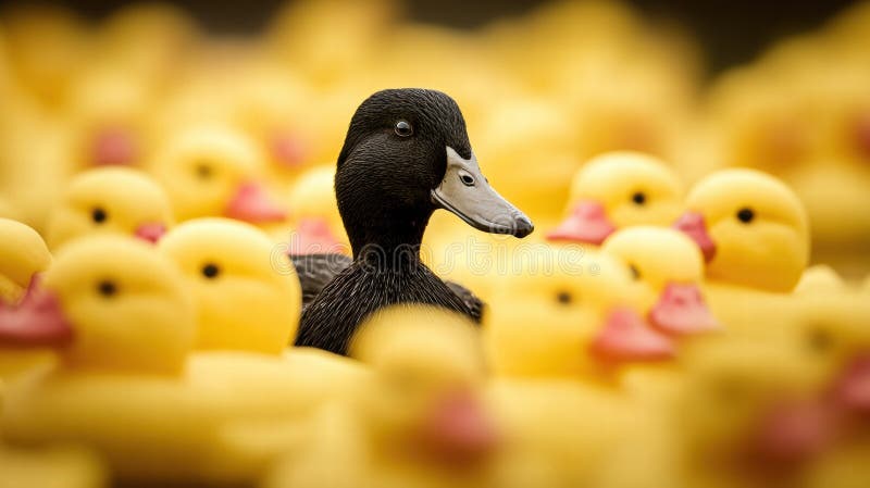 A Black Duck Stands Out, Surrounded by Yellow Rubber Ducks, Making a ...