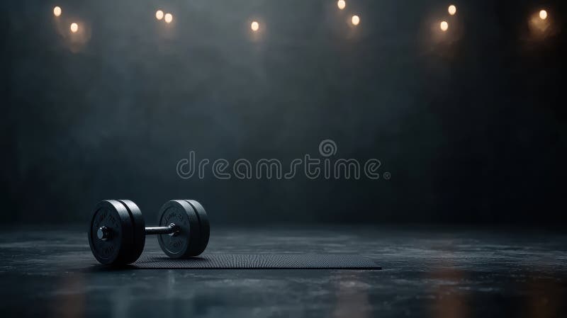 A Black Dumbbell Sits on a Black Mat in a Dark Room. Stock Image ...