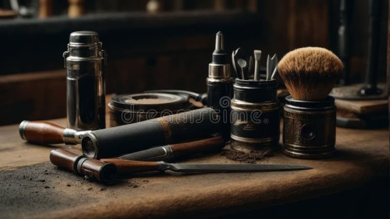 On a Black Dusty Surface are Old Barber Tools. Stock Illustration ... On a Black Dusty Surface are Old Barber Tools. Stock Illustration ...