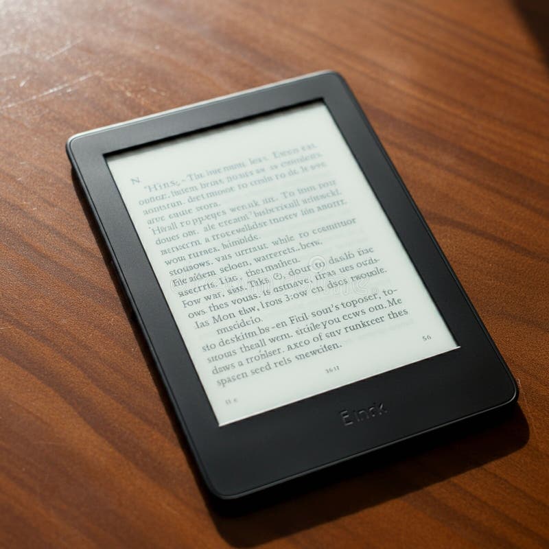 Black E-reader with a White E-ink Display Showing Text in a Serif Font ...
