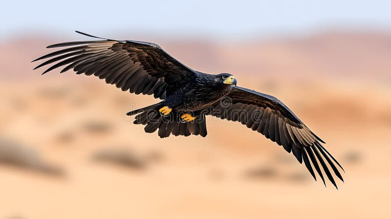 Black Eagle Soaring Over Sandy Desert Landscape Stock Illustration ...