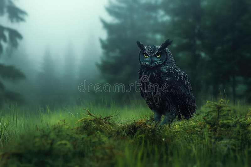 Black Eagle Owl in the Misty Forest Stock Illustration - Illustration of bird, tree: 357409820