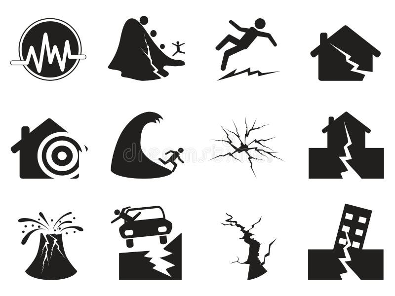 Black earthquake icons set stock vector. Illustration of danger - 54105243