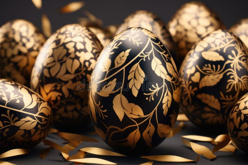 Black Easter Eggs with Handmade Gold Pattern. Hand-painted Eggs. Trend ...