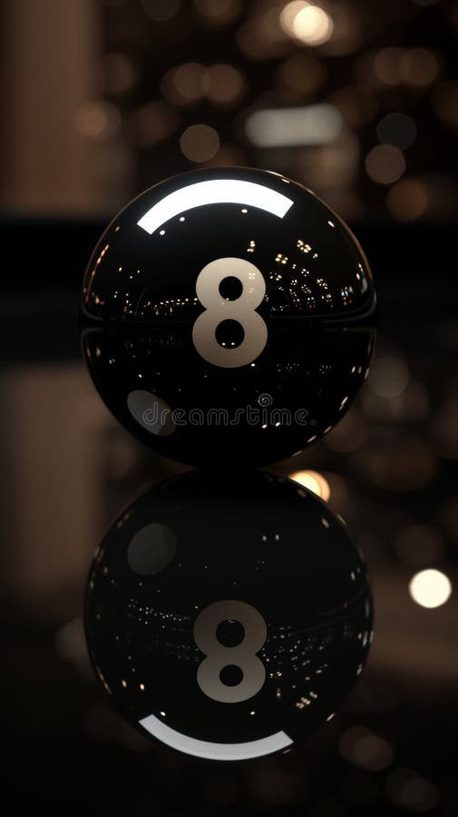 Black Eight Ball with Reflection on Table, Close-up View. Billiards and ...
