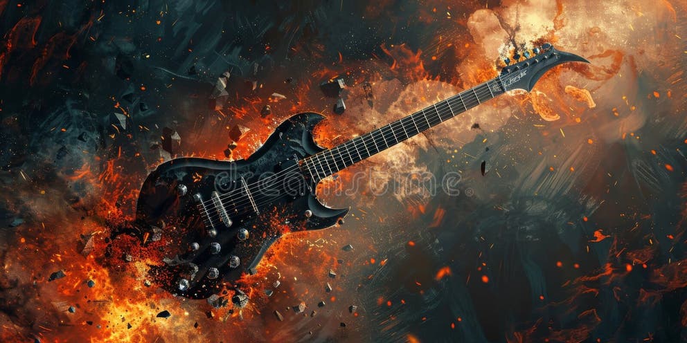 Black Electric Guitar Exploding in Fiery Chaos Stock Photo - Image of ...
