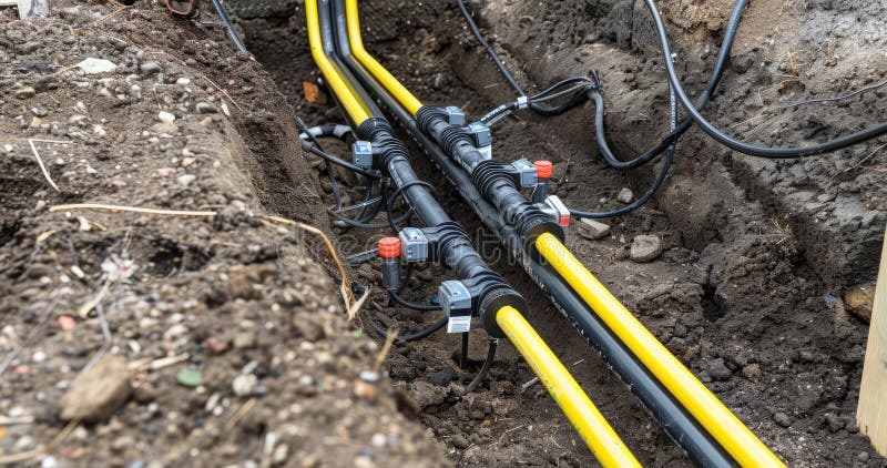 Black Electrical Cables are Laid in a Trench Along a Dirt Road during ...
