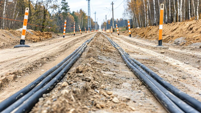 Black Electrical Cables are Laid in a Trench Along a Dirt Road during ...