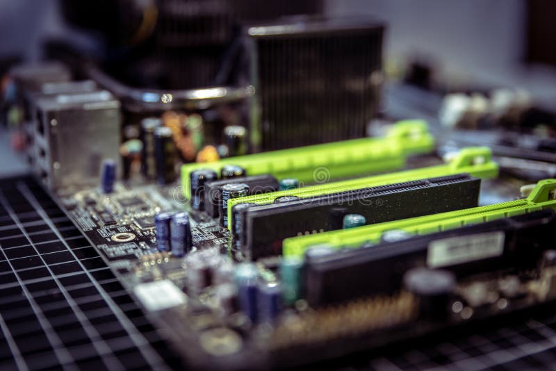 Black Electronic Circuit Mother Board Looking Down Stock Photo - Image ...