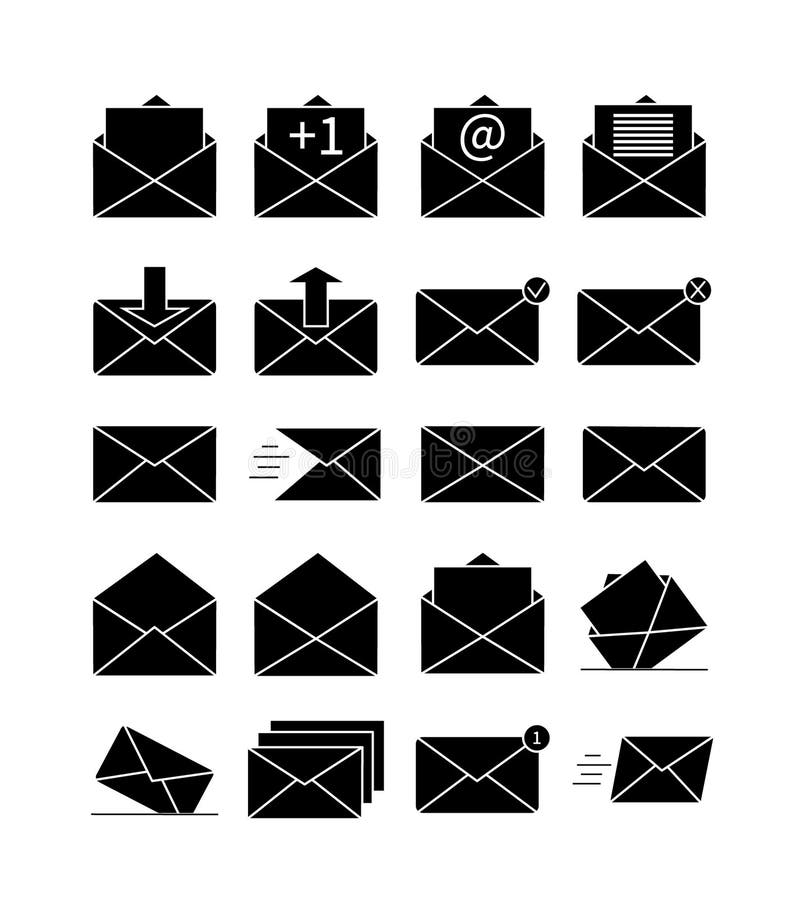 Black Emails Vector Icon Pack Stock Vector - Illustration of message ...