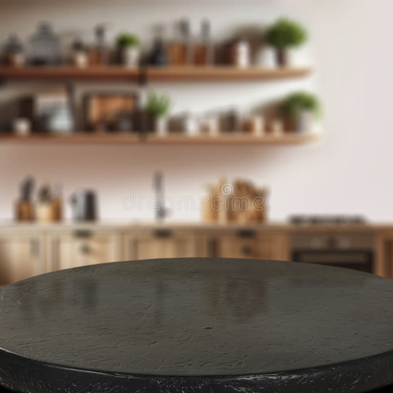 Black Empty Kitchen Table with Space for Products. Blurred Kitchen Wall ...