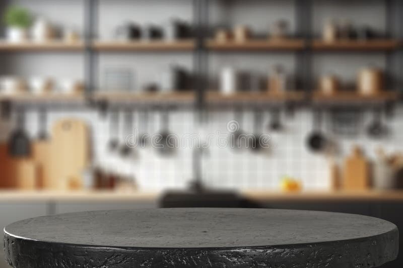 Black Empty Kitchen Table with Space for Products. Blurred Kitchen Wall ...