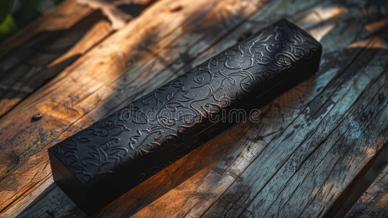 Black Engraved Spectacles Case on Wood Table. Stock Image - Image of ...