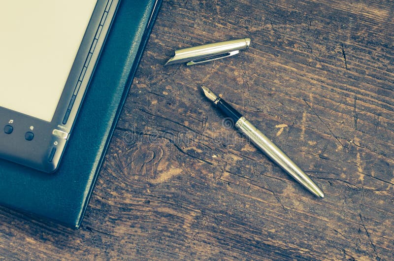 Black Ereader with Notebook and Ink Pen Stock Photo - Image of edition ...