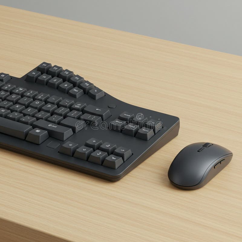 Black Ergonomic Keyboard and Wireless Mouse on a Light Wood Desk. the Keyboard Stock ...