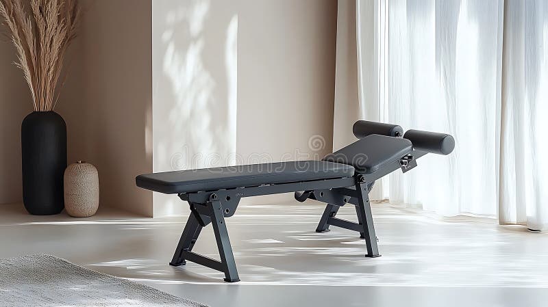 A Black Exercise Bench is in a Room with a White Curtain Stock Photo ...