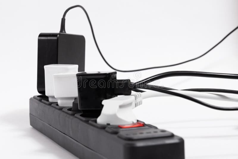 Black Extension Cord with Red Power on Off Button and Many Plugs Stock ...